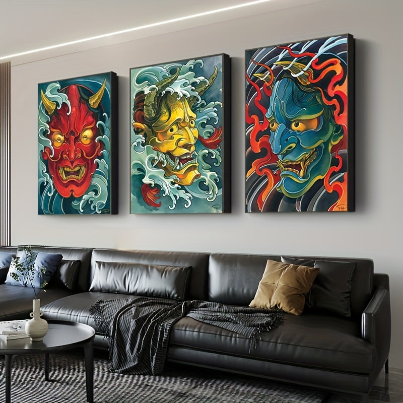 3PCS Art Deco Retro Canvas Prints - Japanese Culture Evil Devil Faces ...