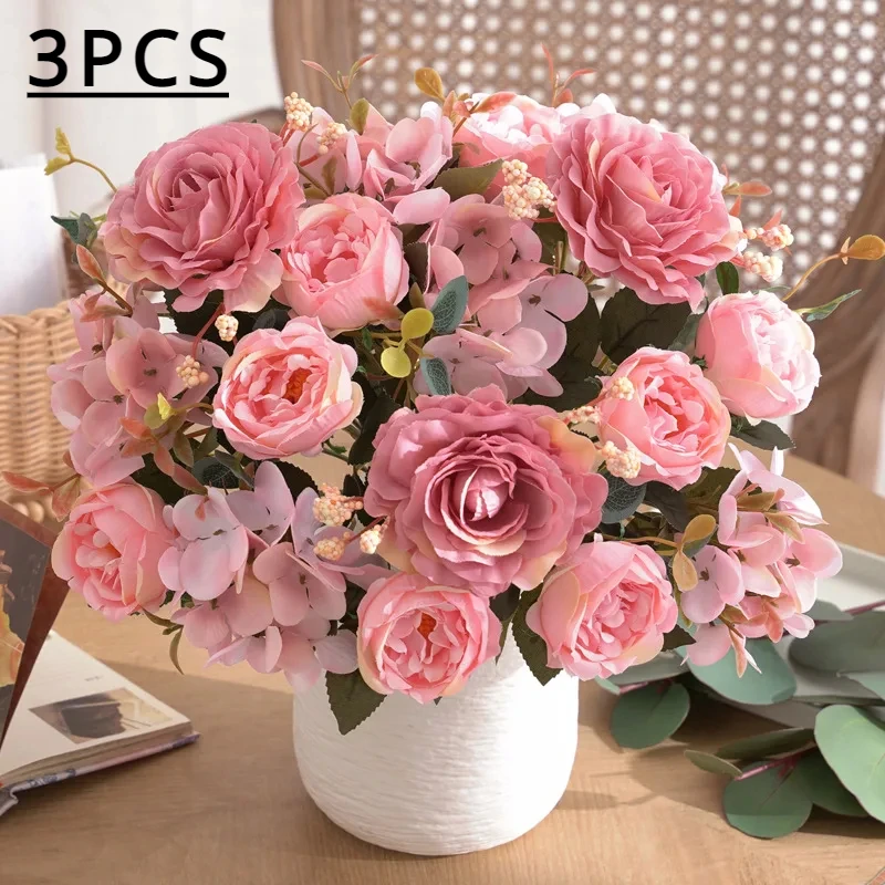 3PCS Artificial Flowers Silk White Peonies Home Room Vase Decoration ...