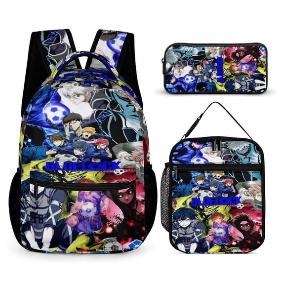 3PCS BLUE Ball LOC-,K Backpac Set Durable Backpac with Lunch Bag Pencil ...