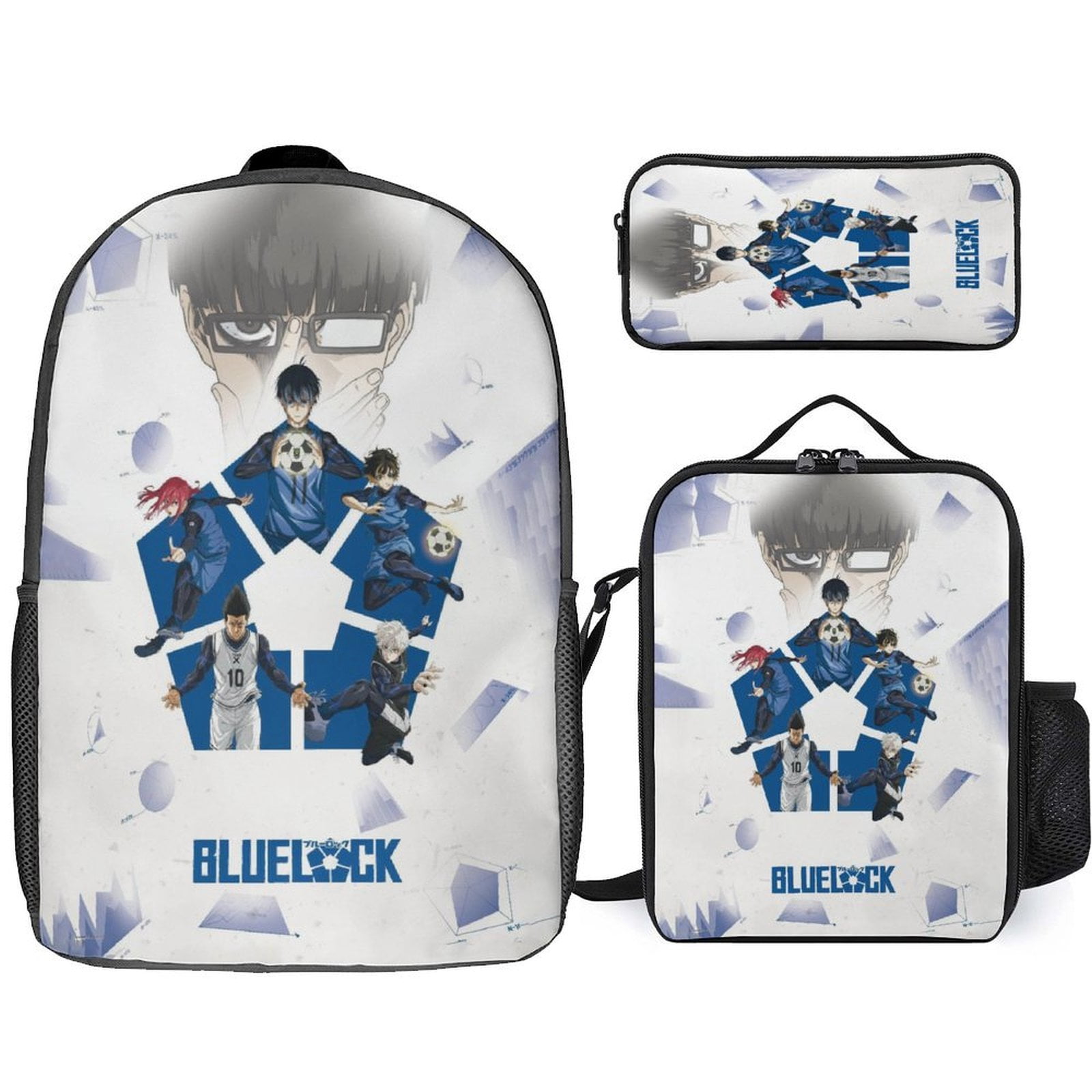 3PCS BLUE Ball LOC-,K Backpack Set Large Capacity Bookpacks With Lunch ...