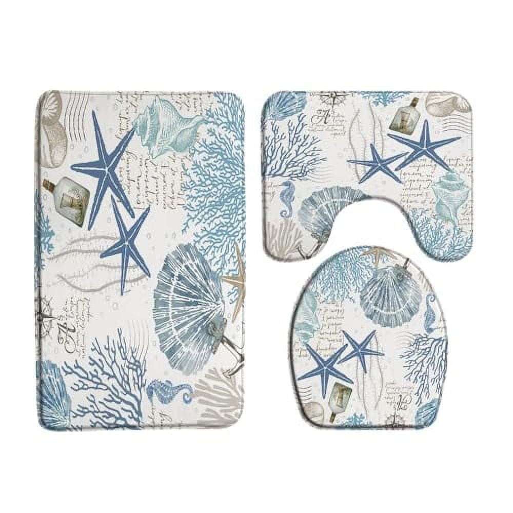 3PCS Bathroom Mat Set, Nautical Coastal Starfish Seashell Coral Ocean ...