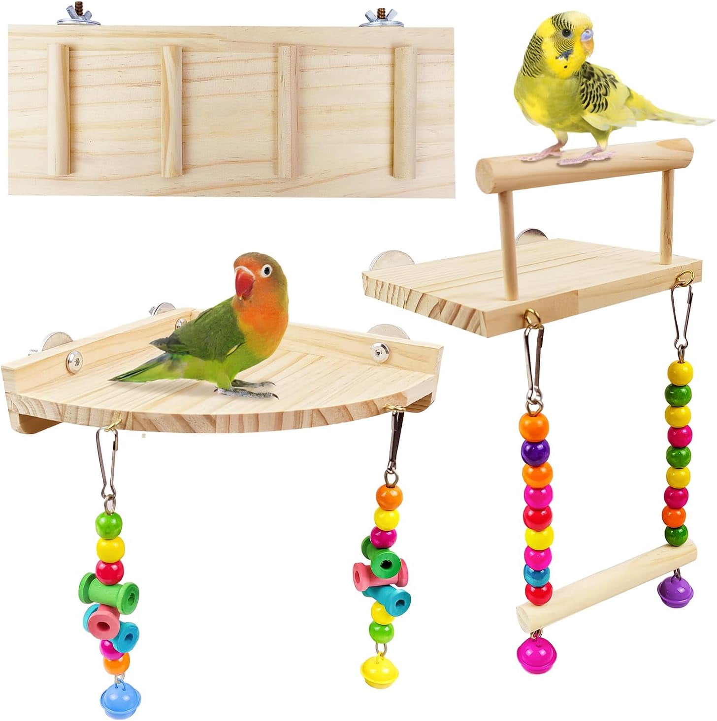 3PCS Bird Perches Platform Swing with Climbing Ladder, Natural Wood ...