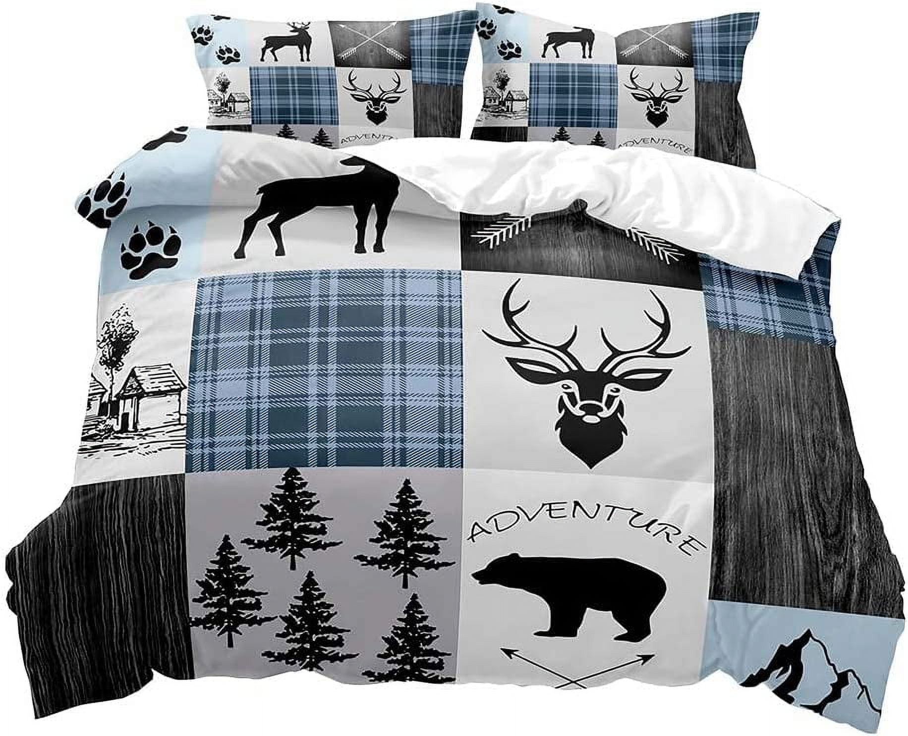 3PCS Black Bear Elk Deer Plaid Duvet Cover 79x90 inch Bedding, Cabin ...