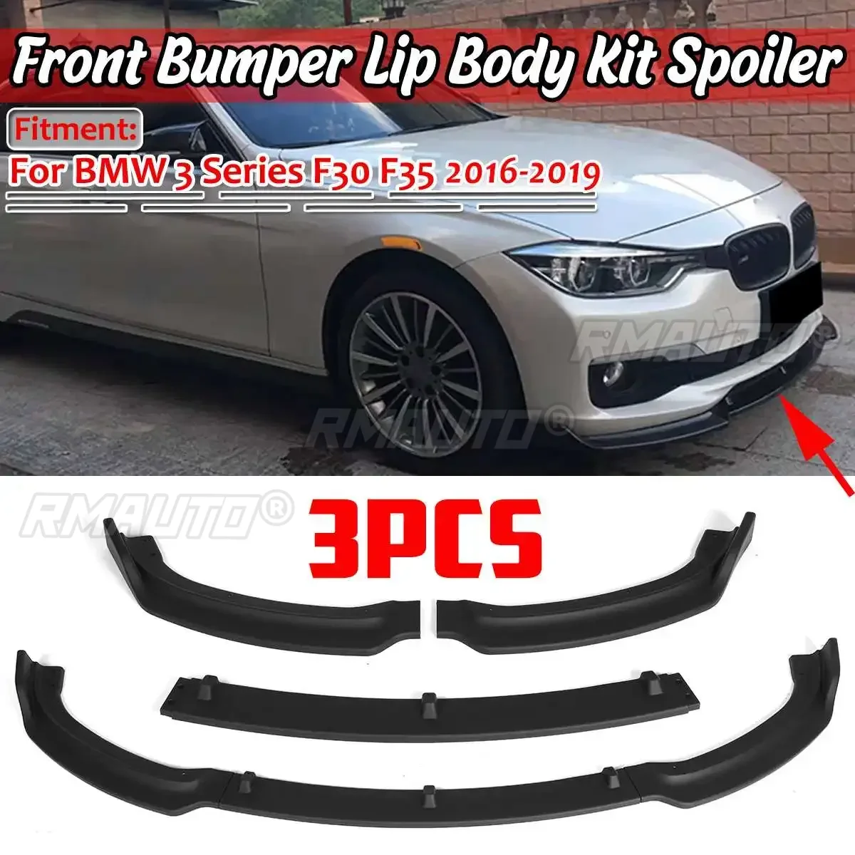 3PCS Black/Carbon Fiber Look Car Front Bumper Lip Splitter Bumper Lip ...