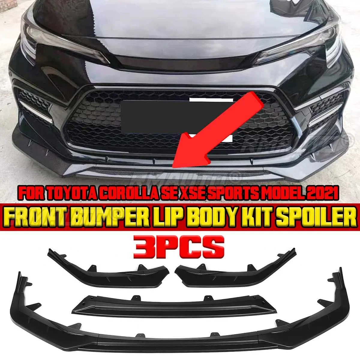 3PCS Black/Carbon Fiber Look Car Front Bumper Lip Spoiler Body Kit ...