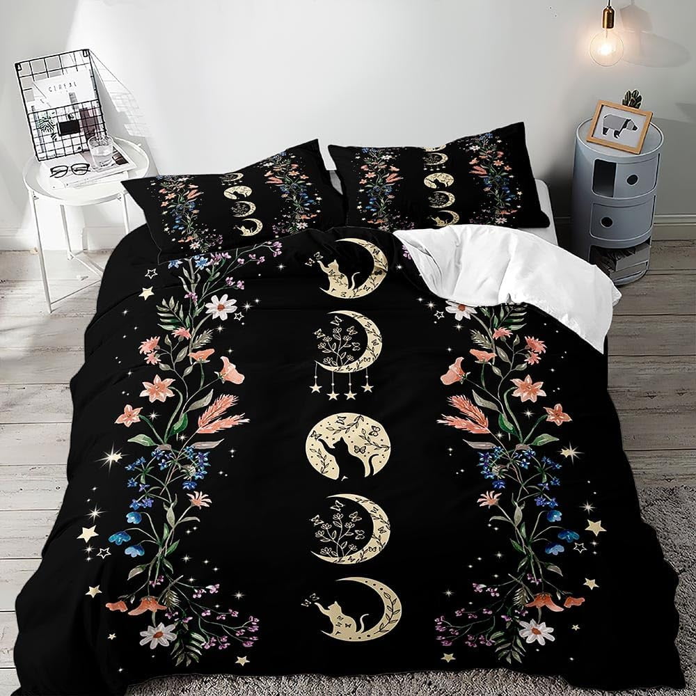 3PCS Black Cat Moon Phase Duvet Cover King Bedding Set, Boho Aesthetic ...