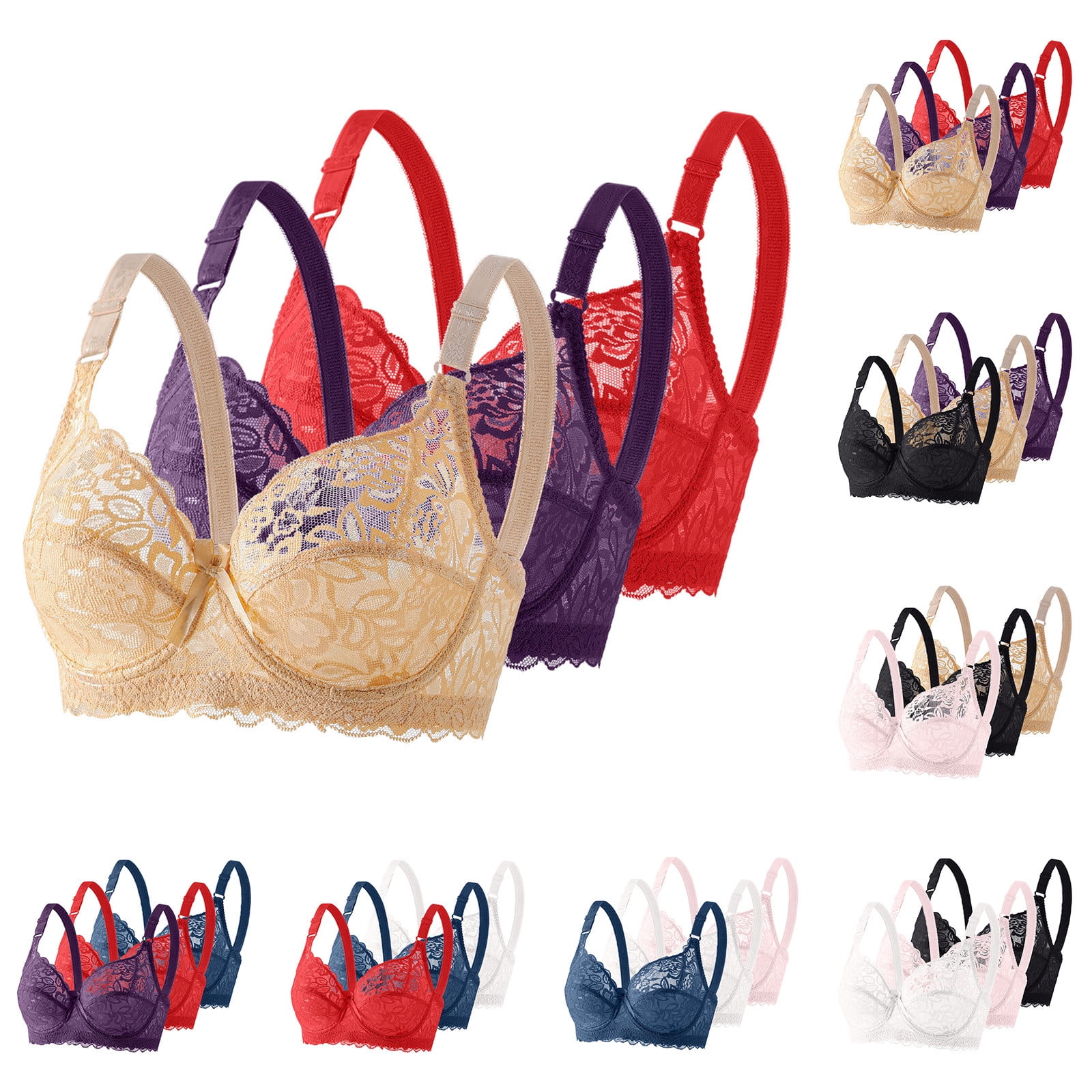 3PCS Bras for Women Underwire Push up Plus Size Solid Color Lightweight ...