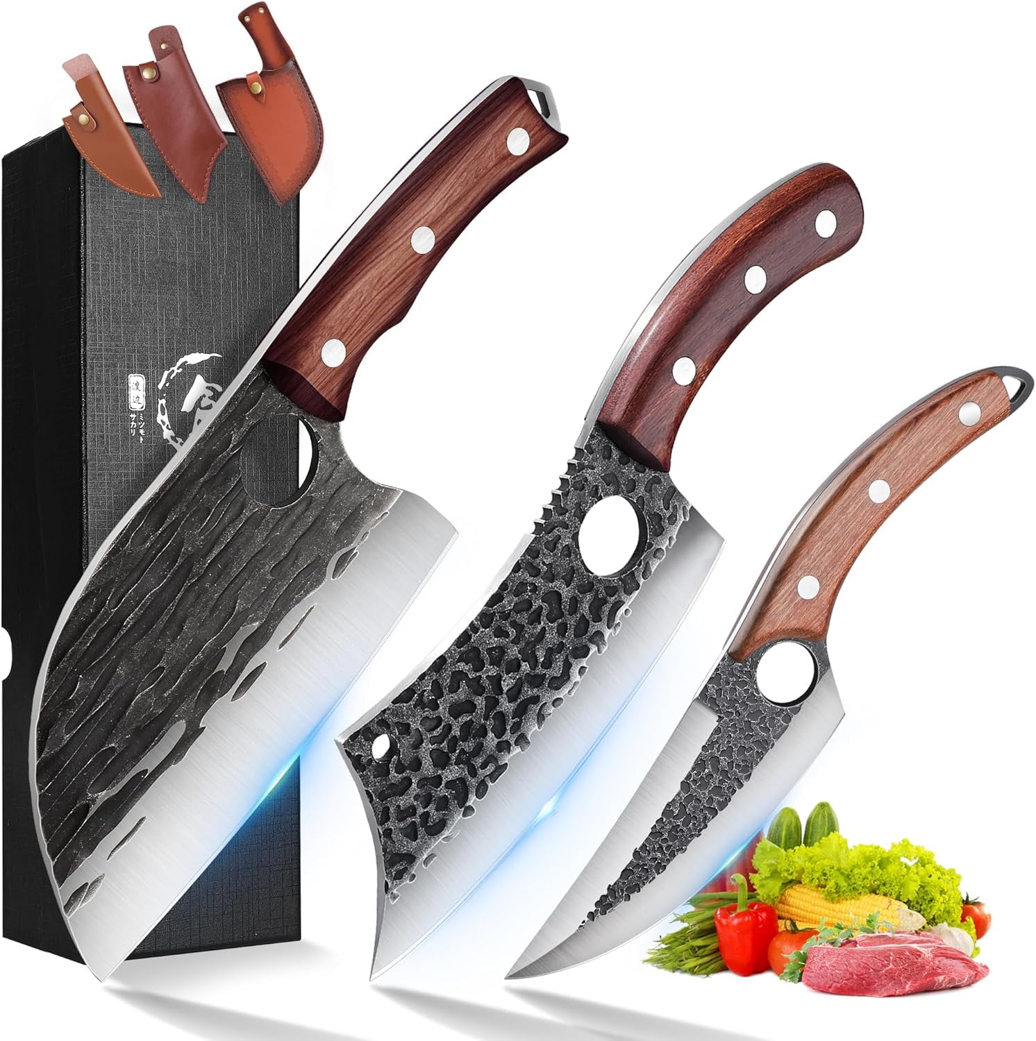 3PCS Butcher Cleaver Knife Set for Meat Cutting Serbian Chef Knife ...