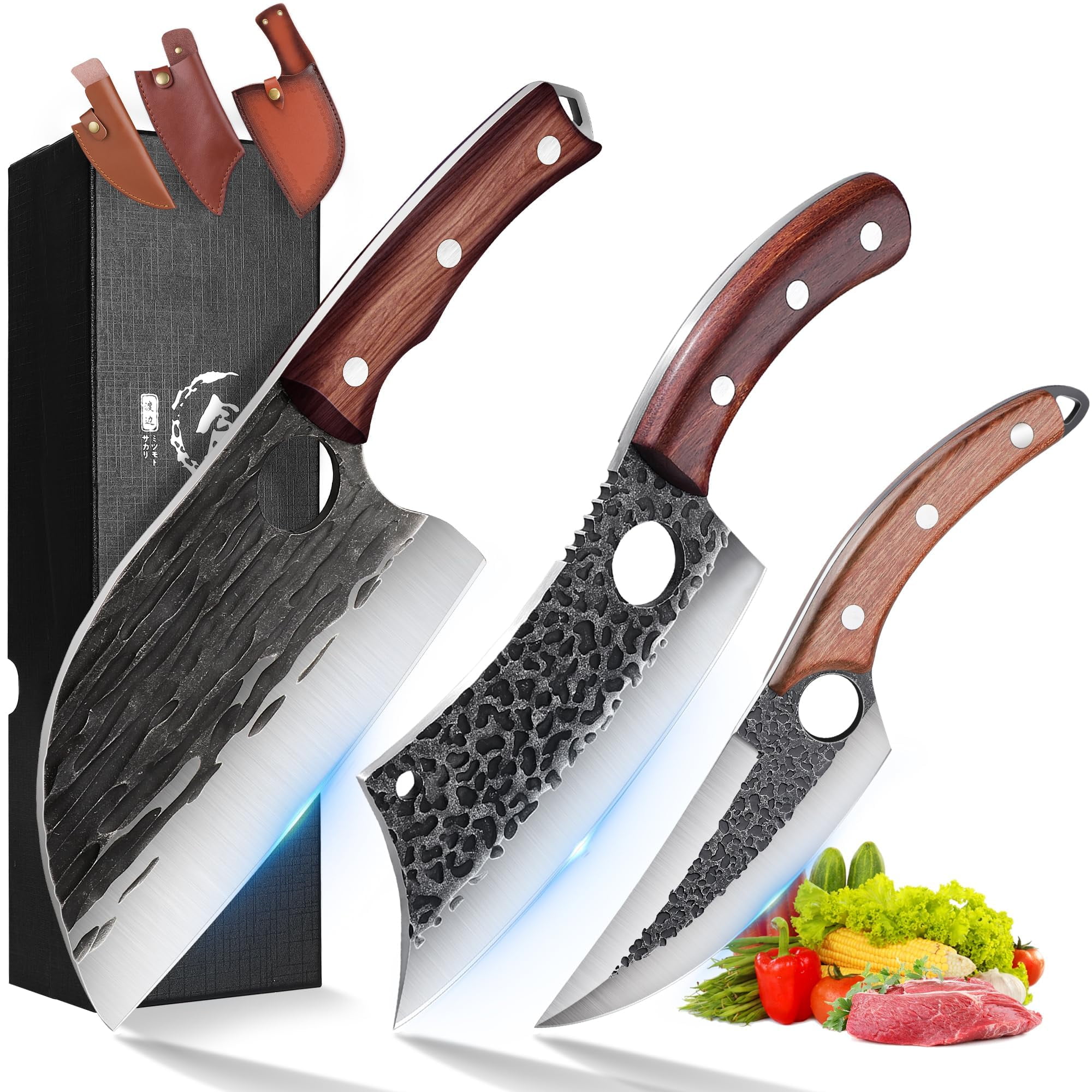 3PCS Butcher Cleaver Knife Set for Meat Cutting Serbian Chef Knife ...