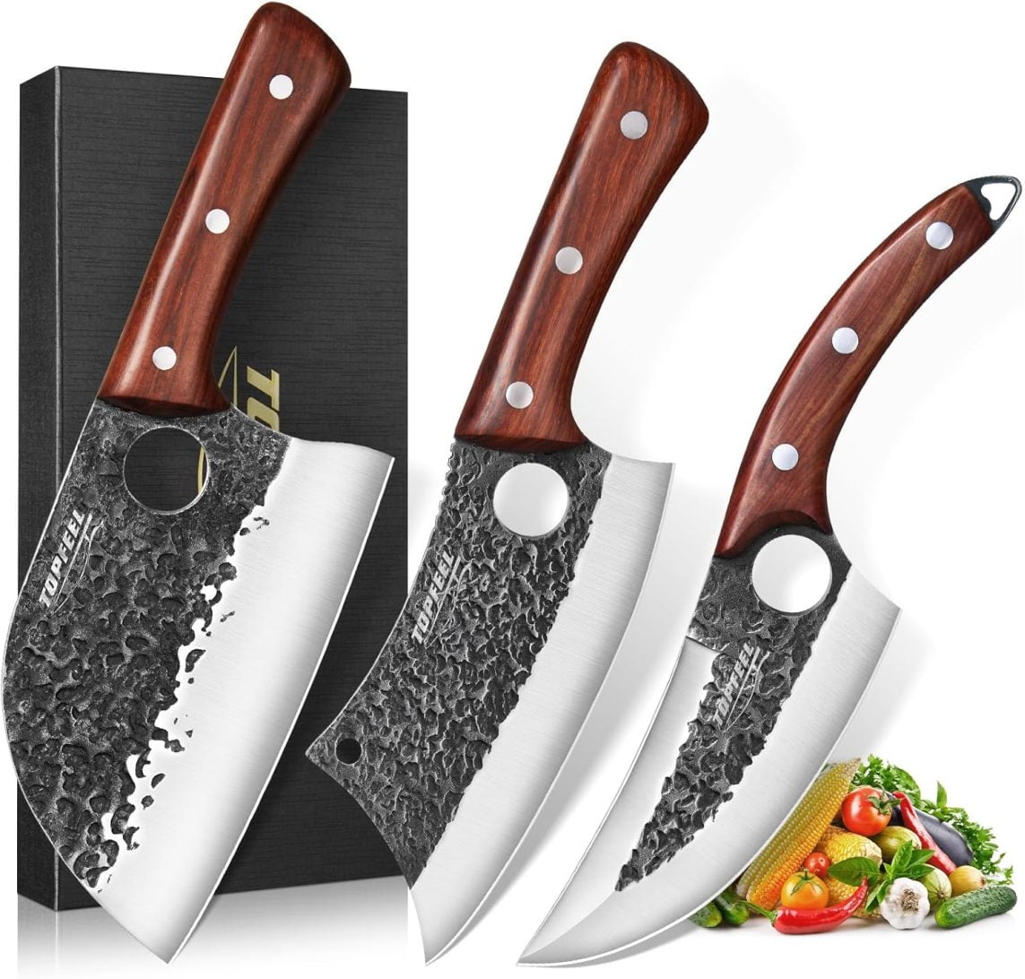 3PCS Butcher Knife Set, Hand Forged Serbian Chef Knives & Meat Cleaver ...