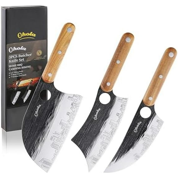 3PCS Butcher Knife Set, OHOLA Stainless Steel Butcher Knife Set with ...