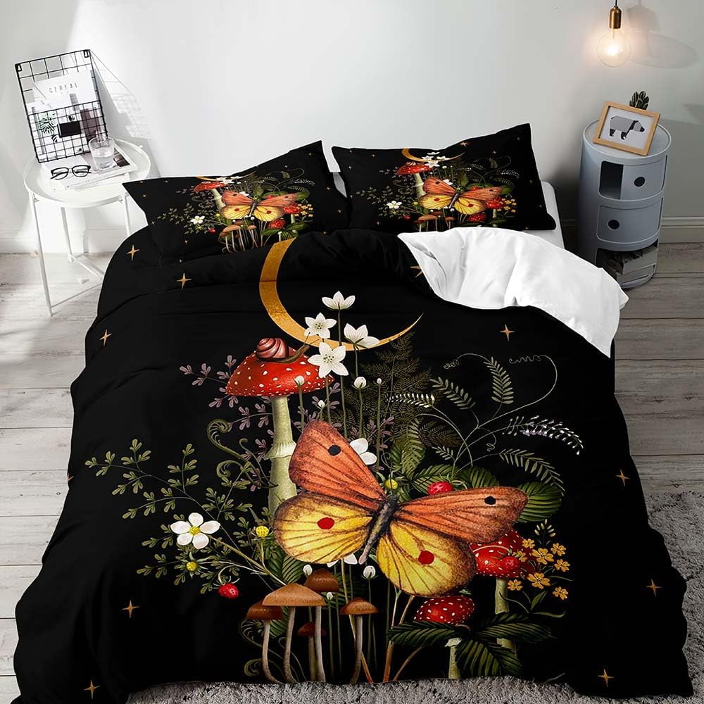 3PCS Butterfly Red Mushroom Bedding Set, Black Duvet Cover 104x90 inch , Boho Aesthetic ...