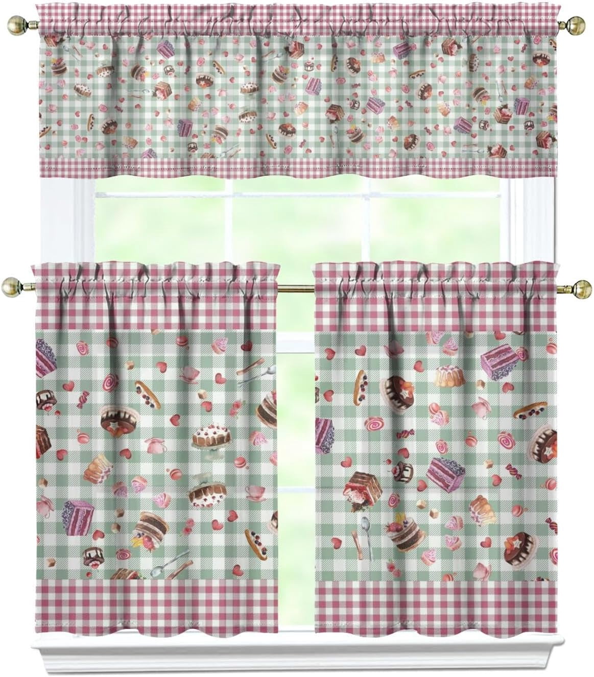 3PCS Cake Kitchen Curtain and Valance Set Funny Small Window Drapes ...