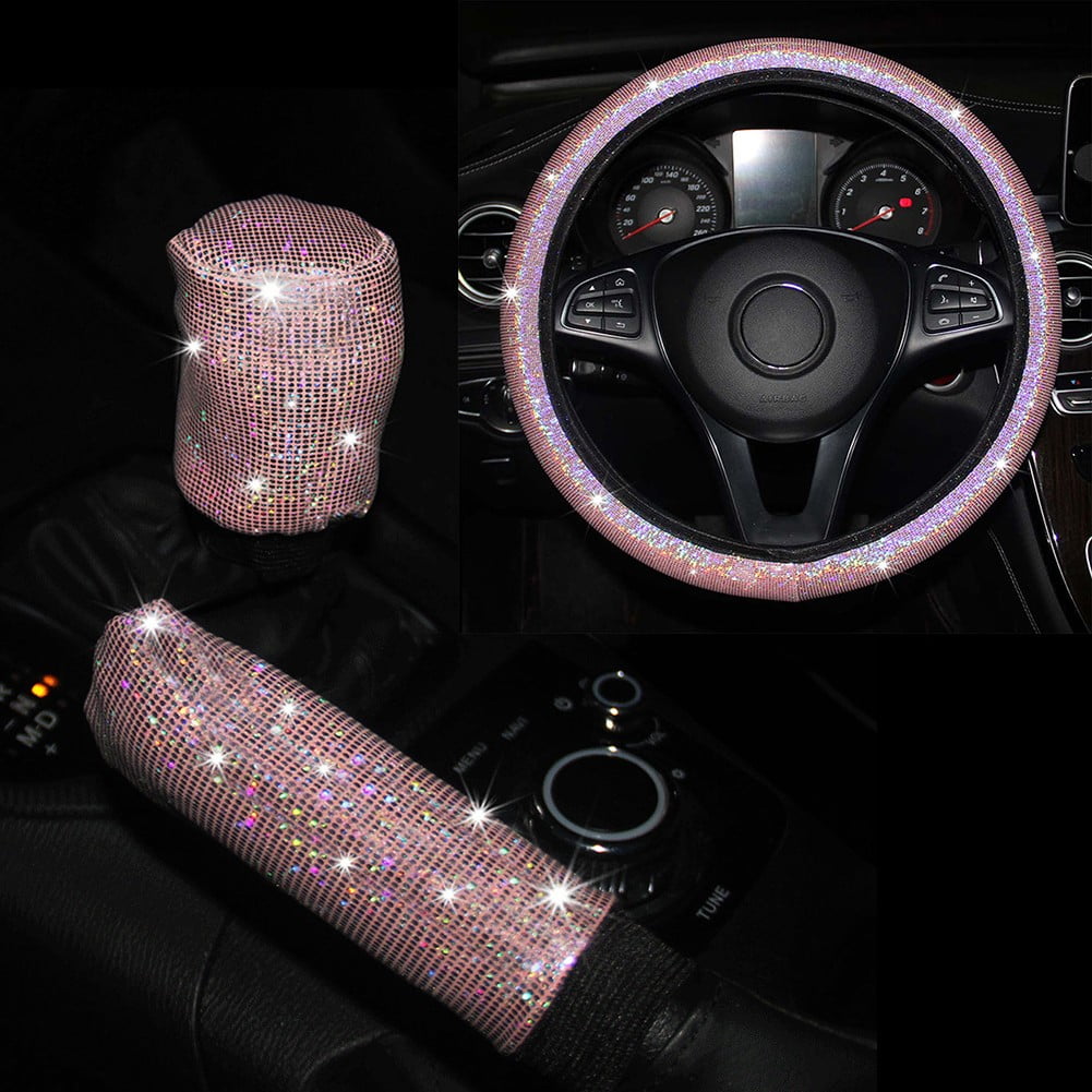 3PCS Car Steering Wheel Cover Glitter Bling Handbrake Cover Gear Cover ...