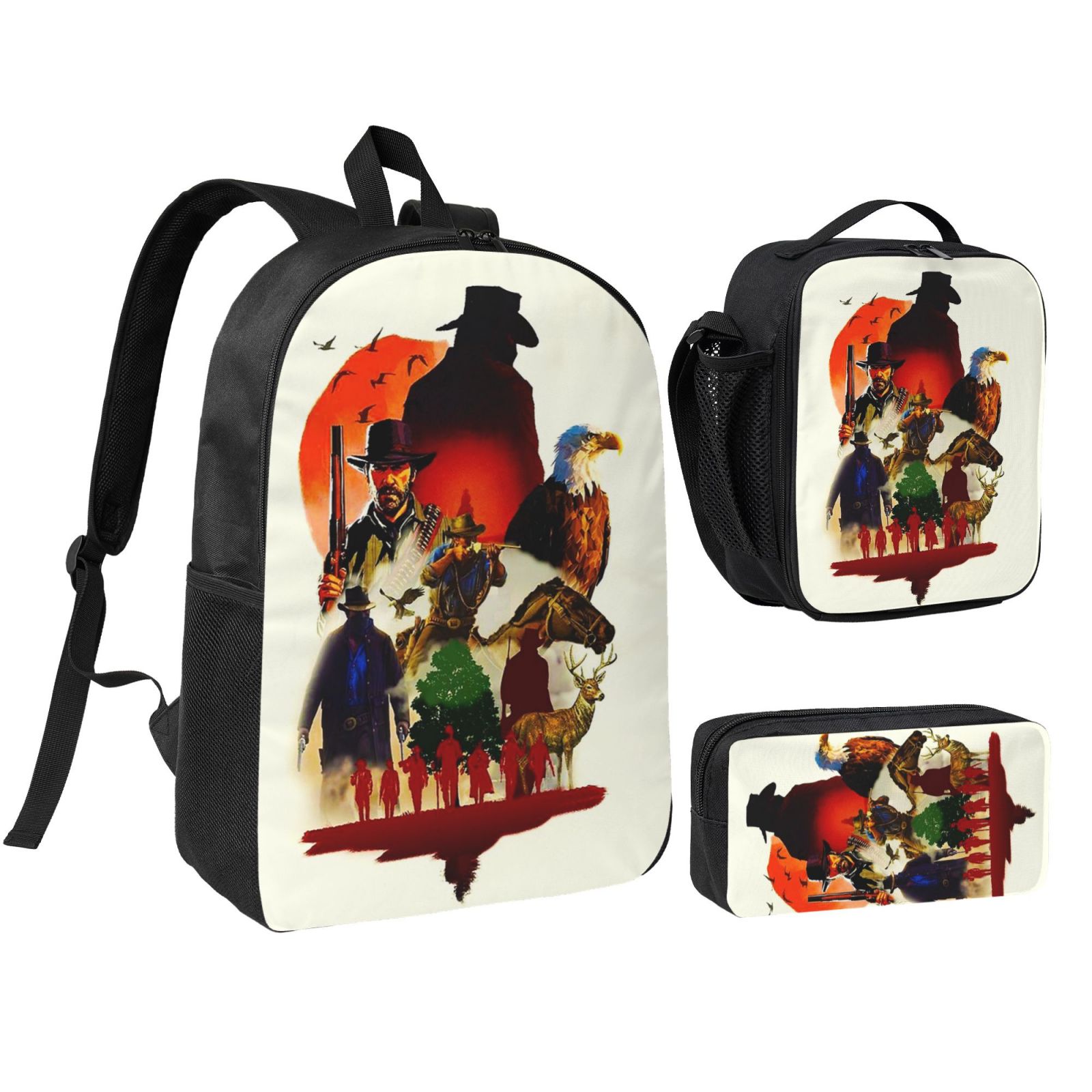 3PCS Casual Daypack Red Dead Redemption 17 Inch Backpack Set Bookbag ...