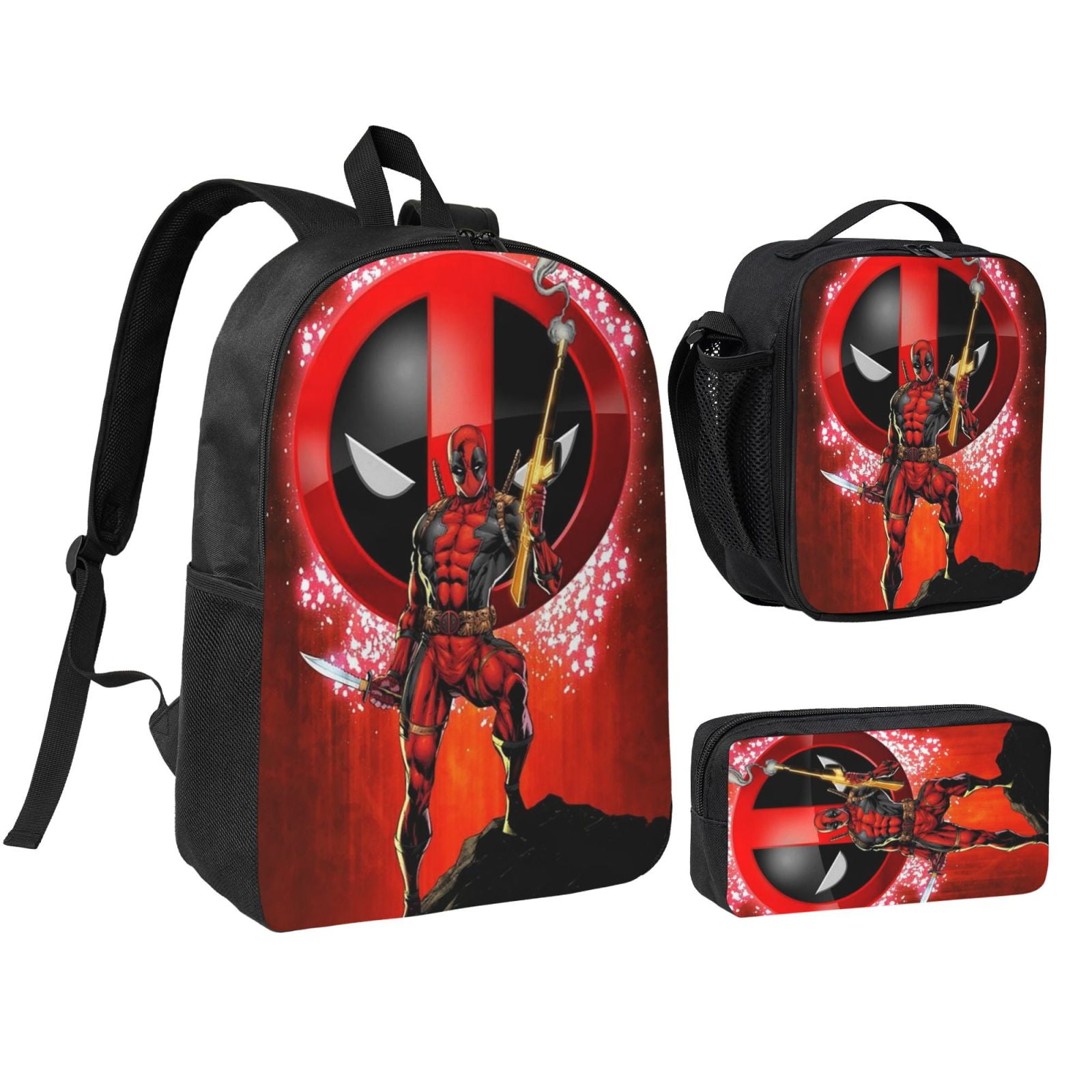 3PCS Casual Deadpool 17in Backpack Set Bookbag+Pencil Case+Lunch Bag ...