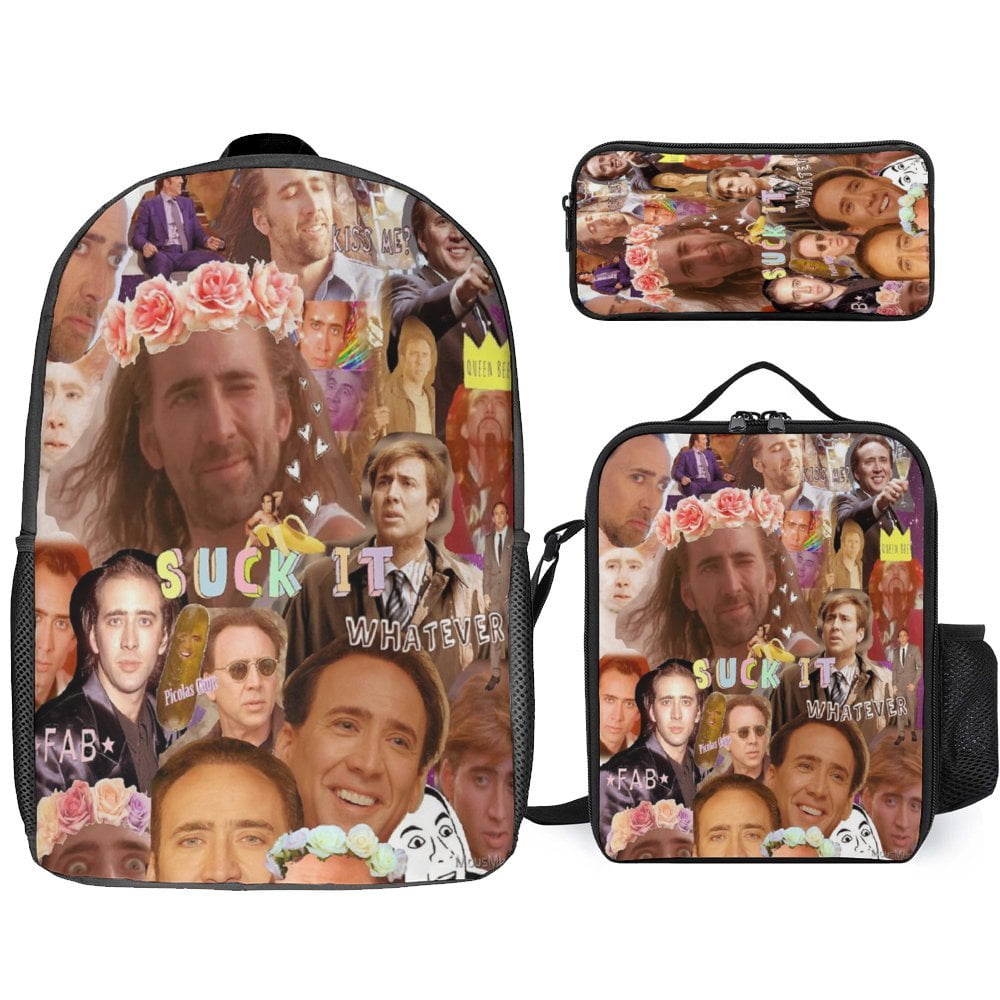 3PCS Casual Nicolas Cage Backpack Set Bookbag+Pencil Case+Lunch Bag ...