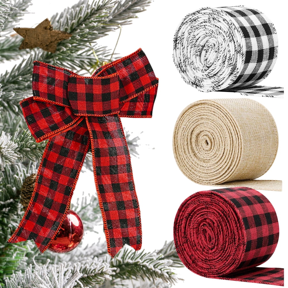 3PCS Christmas Plaid Burlap Ribbons, Wired Ribbon Buffalo Ribbon Plaid ...