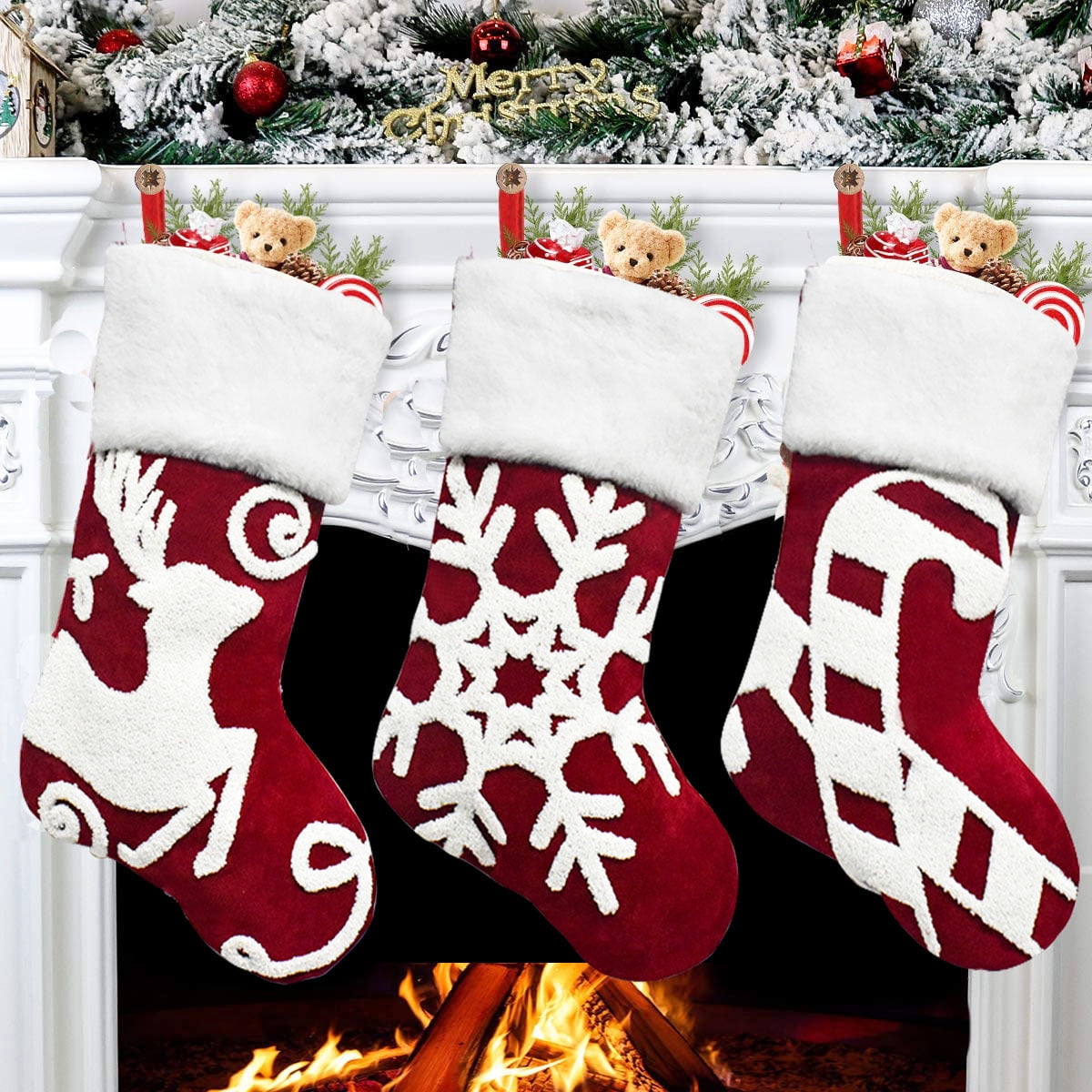 3PCS Christmas Stockings, 18" Big 3D Embroidered Family Burlap Xmas ...