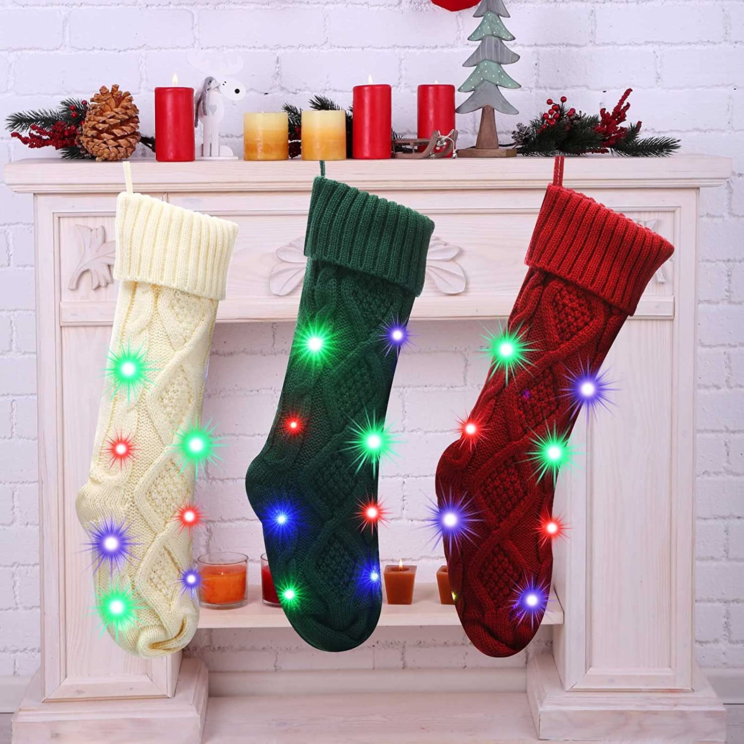 3PCS Christmas Stockings with Colorful Lights, 18 Inch Light up Boho ...
