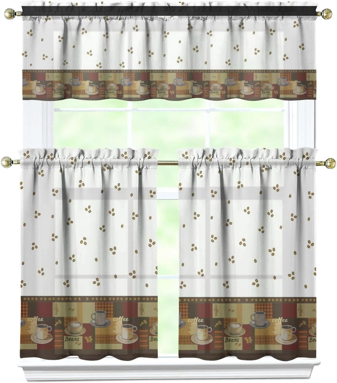 3PCS Coffee Kitchen Curtain Valance Set Funny Small Window Drapes Over ...