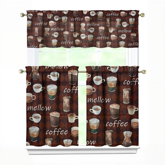 3PCS Coffee Kitchen Curtain Valance Set Funny Small Window Drapes Over ...