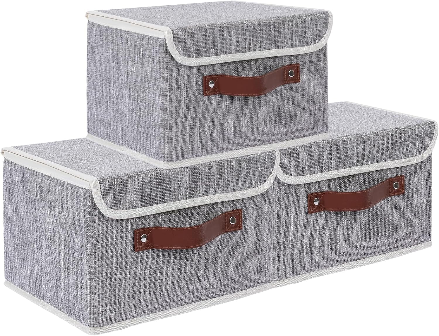 3PCS Collapsible Storage Bins with Lids, Linen Fabric Storage Box with ...