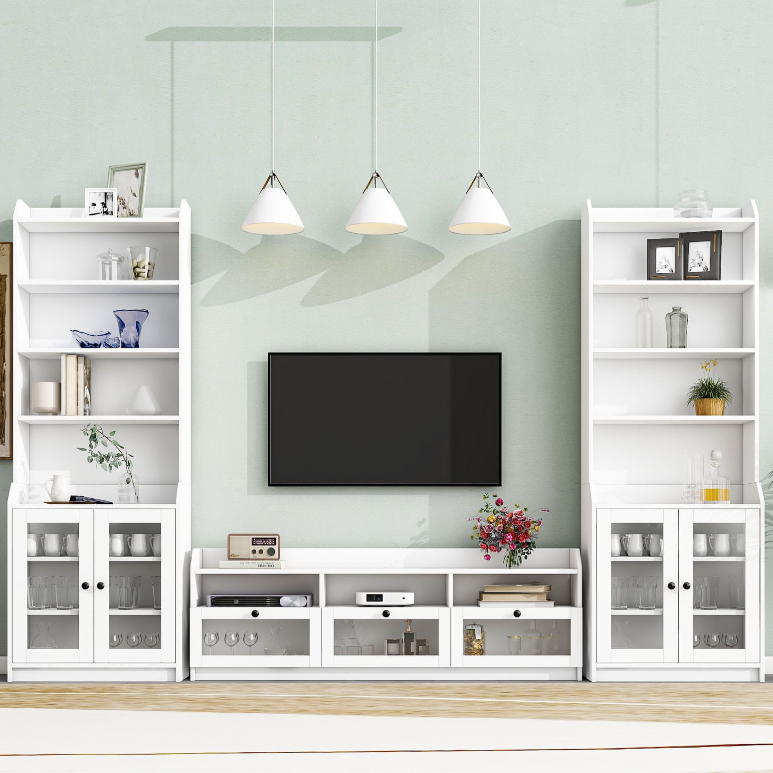 3PCS Combination TV Cabinet, Wooden TV Table and 2 Tall Cabinet, Large ...