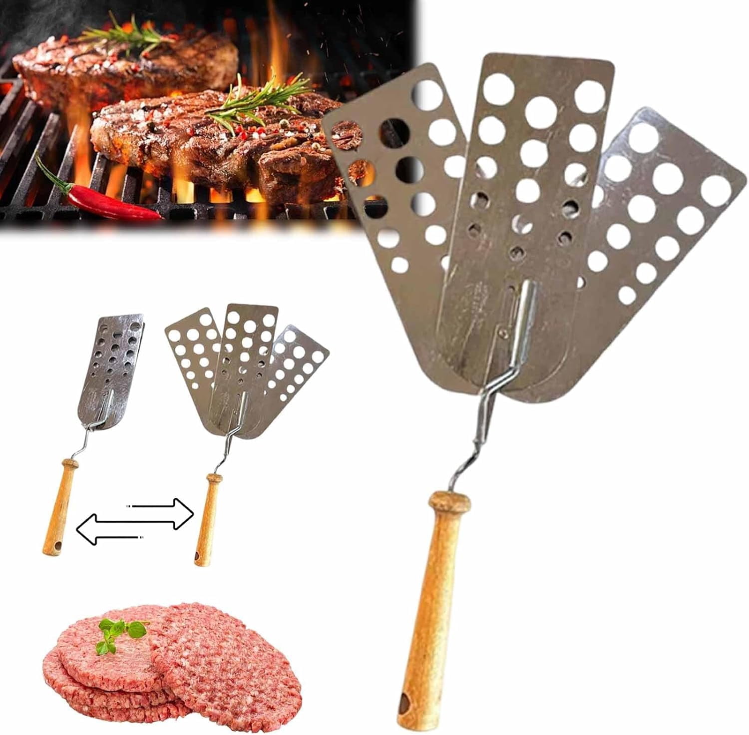 3PCS Creative Hot Meat Patty Spatula, Expandable 3 Blade Stainless ...