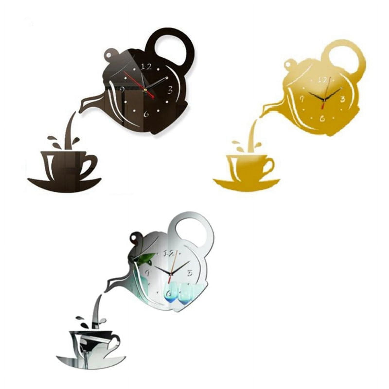 3PCS DIY Acrylic Coffee Cup Teapot 3D Wall Clock Decorative Kitchen ...