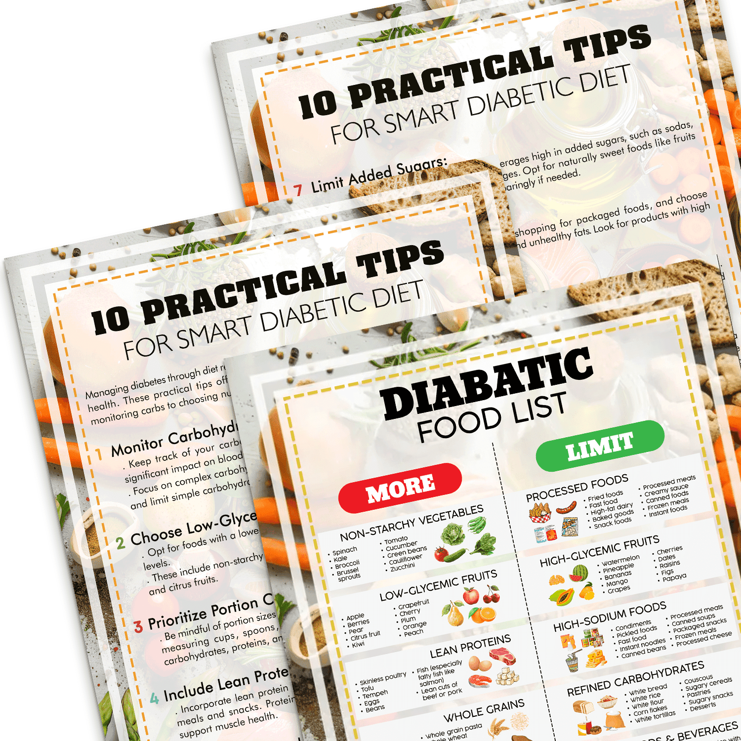 3PCS Diabetic Food List Posters, 3PCS Posters Practical Tips for Type 2 ...
