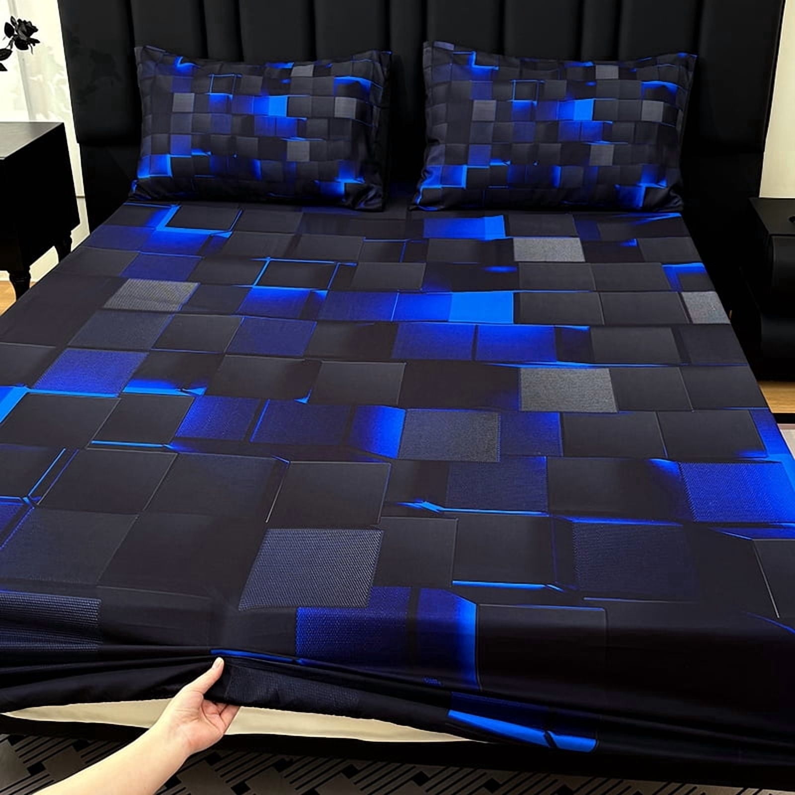 3PCS Cool Technology Digital Printing Material Plaid Fitted Sheet(1pc ...