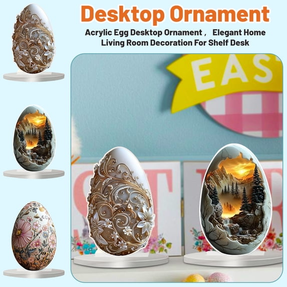 3PCS Easter Egg Acrylic Tabletop Figurine,Flat 2D Artistic Nature Scene ...