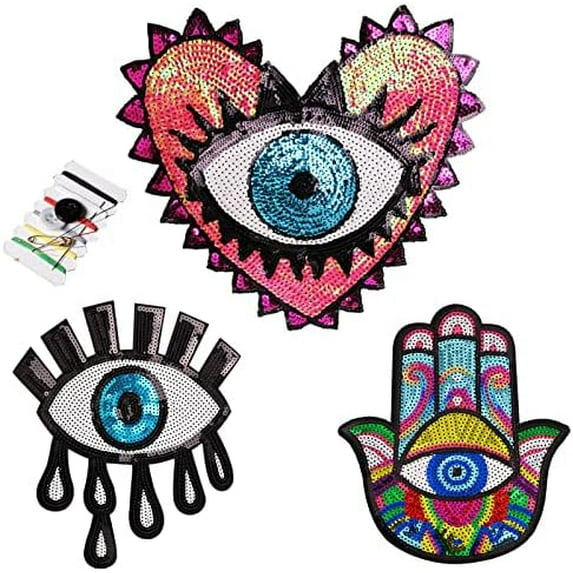 3PCS Evil Eye Sequin Patches Sewing on/Iron on, Large Embroidered ...