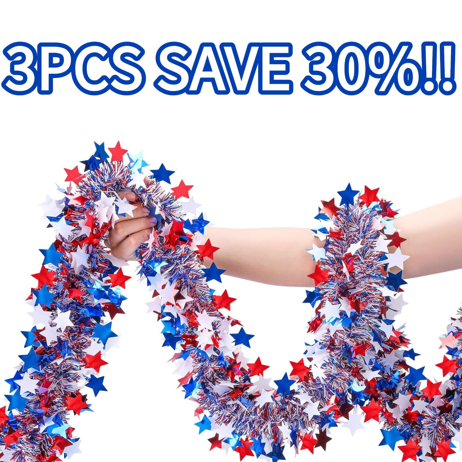3PCS Extra Long 6.6FT Metallic Tinsel Garland - Red and Blue Patriotic ...