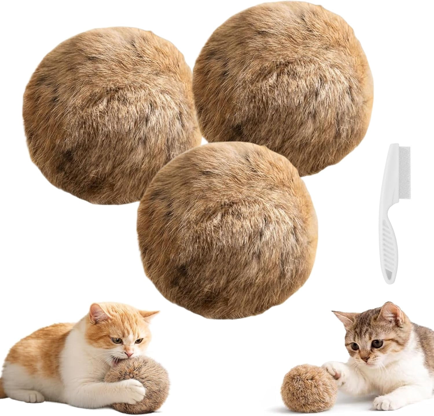 3PCS Fake Rabbit Fur Ball Cat Toy, Soft Fluffy Cat Toy Ball, Furry ...