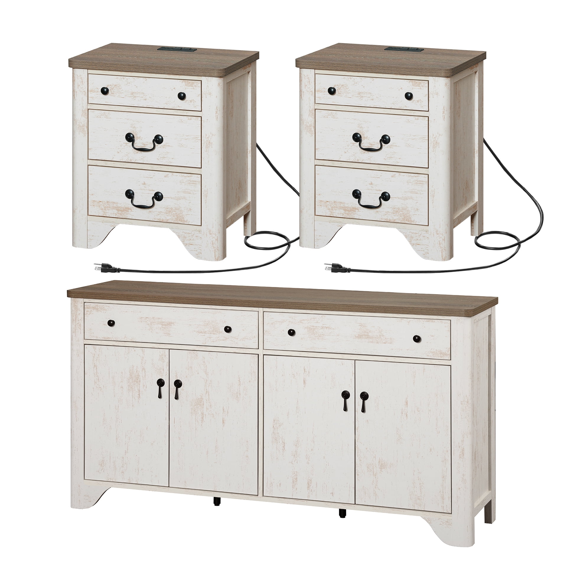 3PCS Farmhouse Bedroom Set, 59" Wide Chest With 4 Doors And 2 Drawers ...
