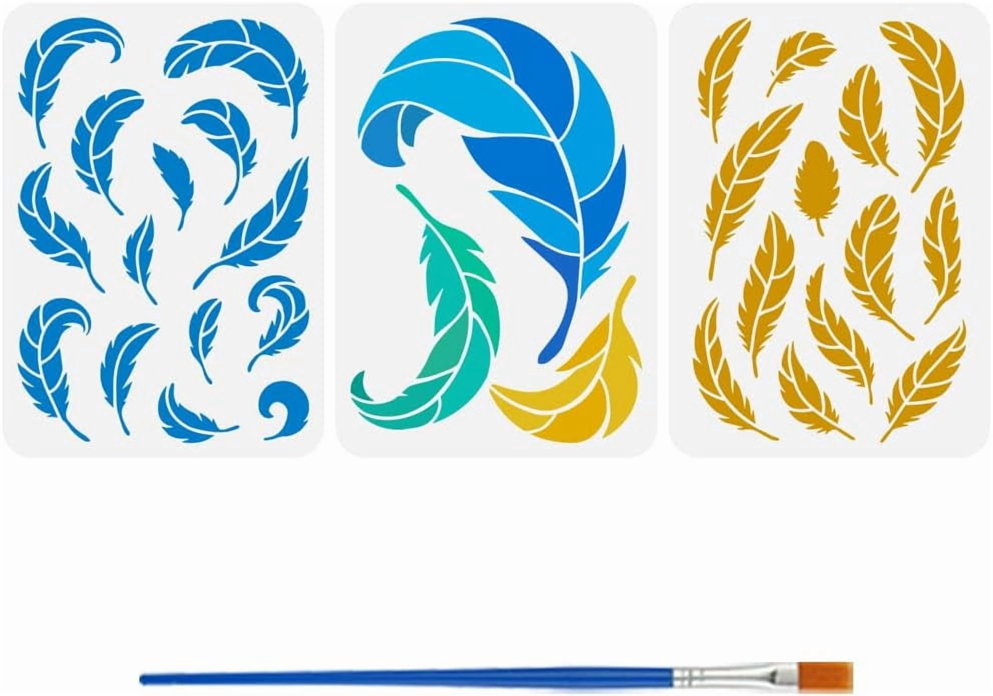 3PCS Feather Stencils with 1Pc Plastic Paint Brush 8.3x11.7inch Birds ...