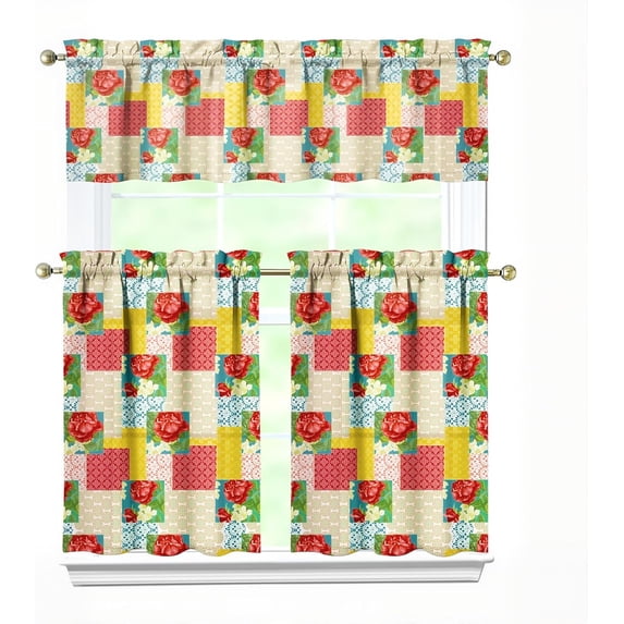 3PCS Floral Flowers Kitchen Curtain Valance Set Funny Small Window ...