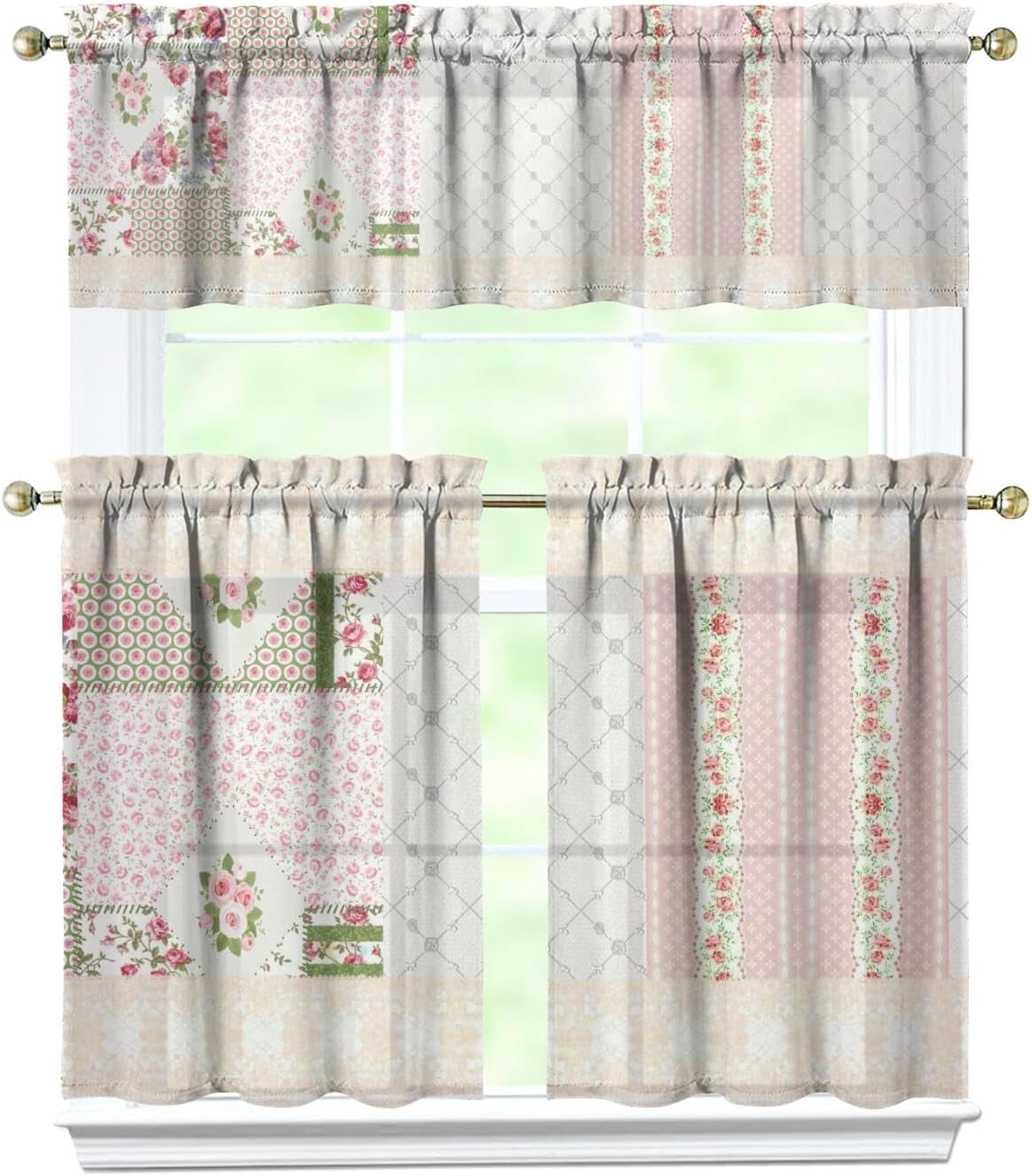 3PCS Floral Flowers Kitchen Curtain and Valance Set Funny Small Window ...