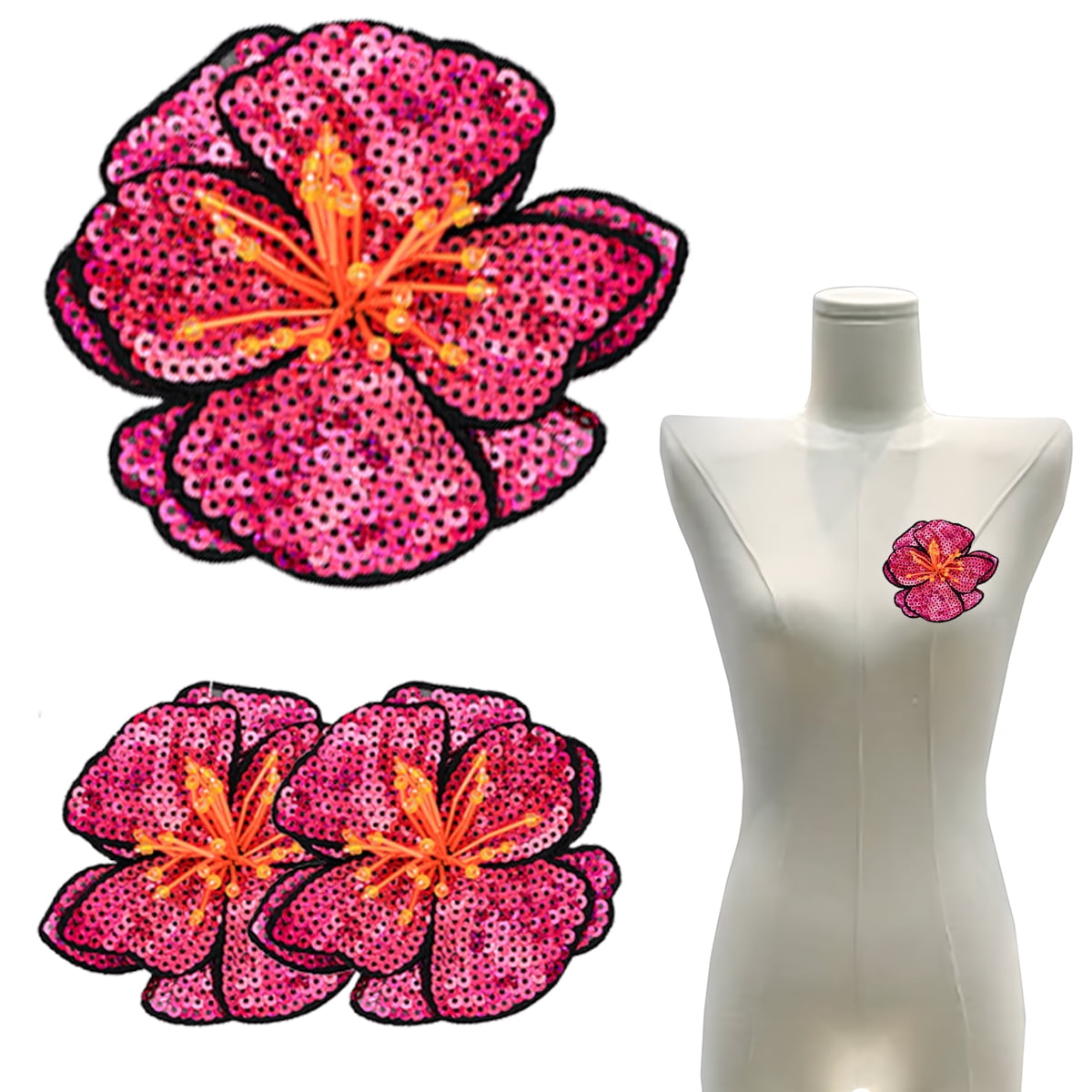 3PCS Flower Applique Patches DIY Flower 3D Beaded Cloth Patches Red ...