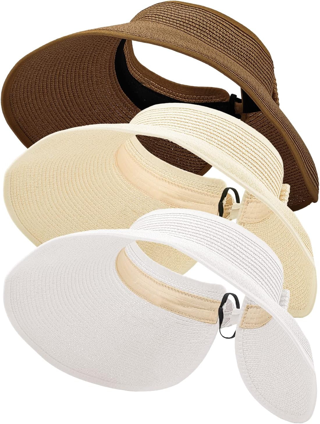 3PCS Foldable Straw Sun Visor Hats for Women, Wide Brim Ponytail Summer Beach Hat, Protect Your ...