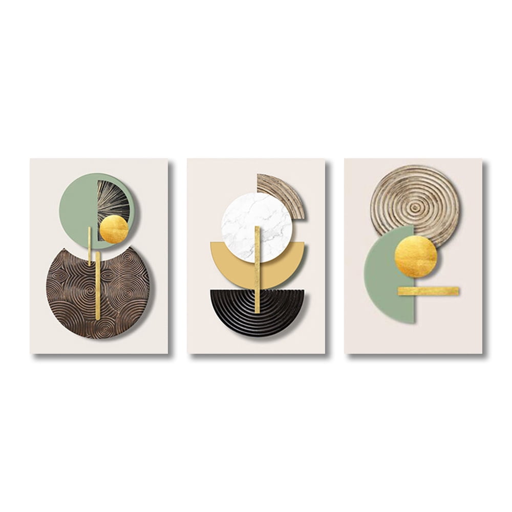 3PCS Frameless Golden Green Abstract Circle Geometric Art Canvas ...