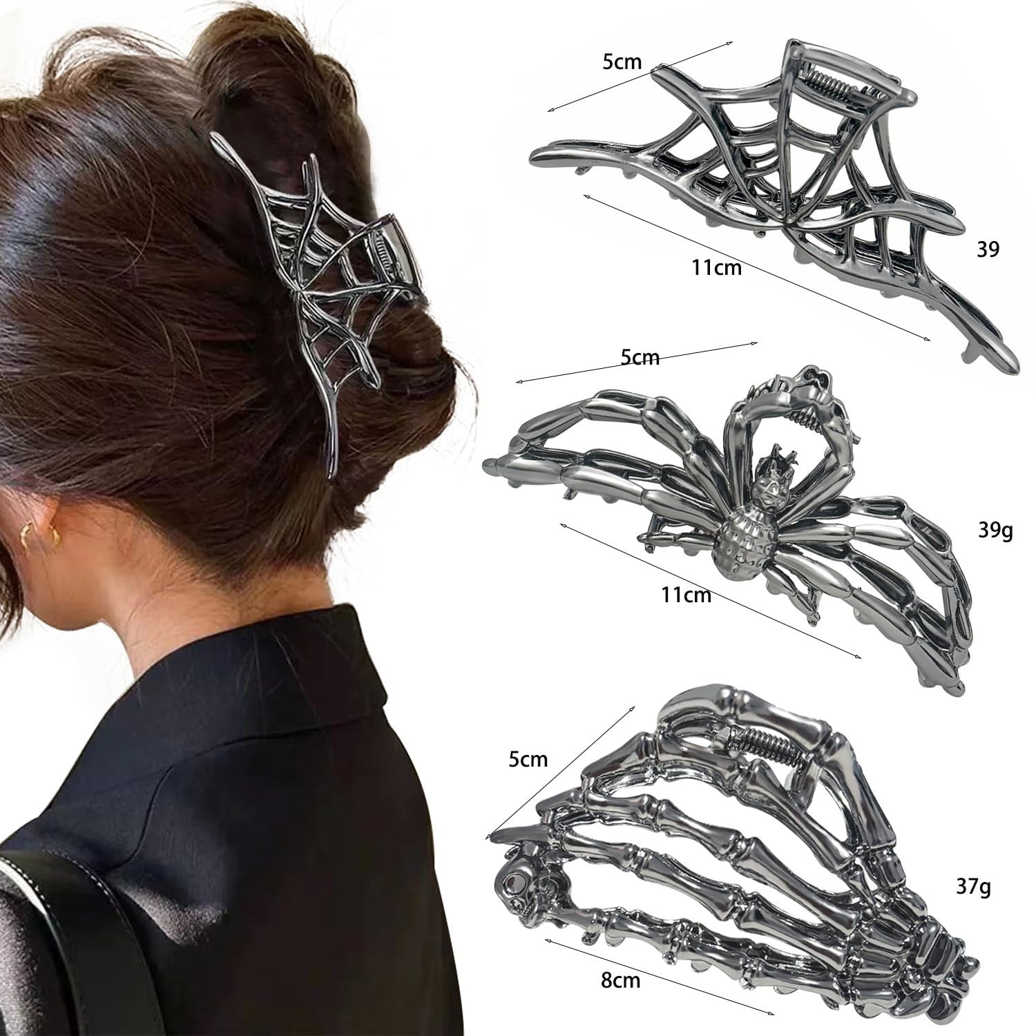 3PCS Gothic Accessories Black Spider Web Skeleton Hand Skull Cute Large ...