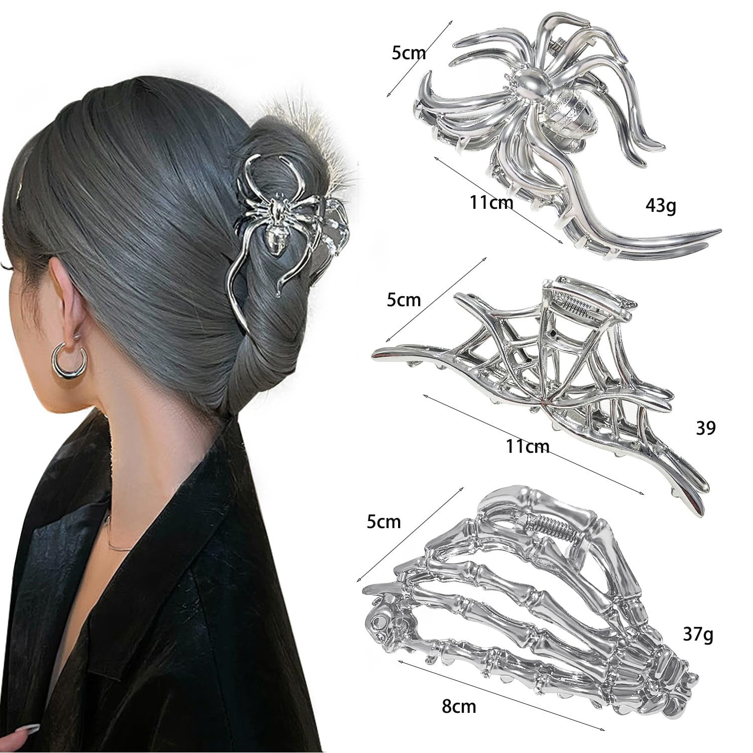 3PCS Gothic Accessories Black Spider Web Skeleton Hand Skull Cute Large ...