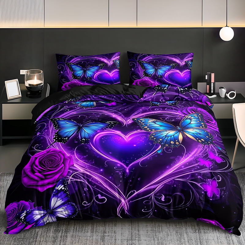 3PCS Gothic Neon Purple Heart Butterfly Bedding Kit, Large Digital ...