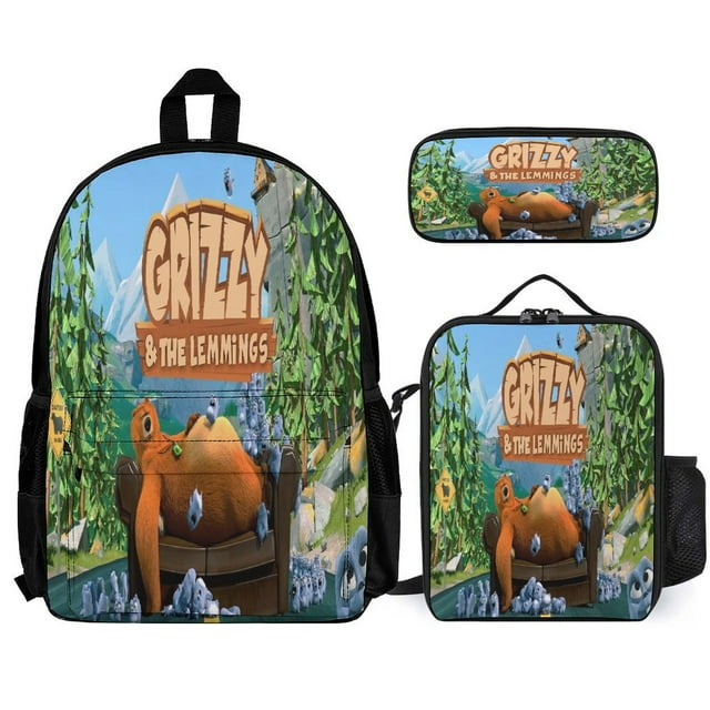 3PCS Grizzy And Lemming Backpacks Set Backpack with Lunch Box Pencil ...