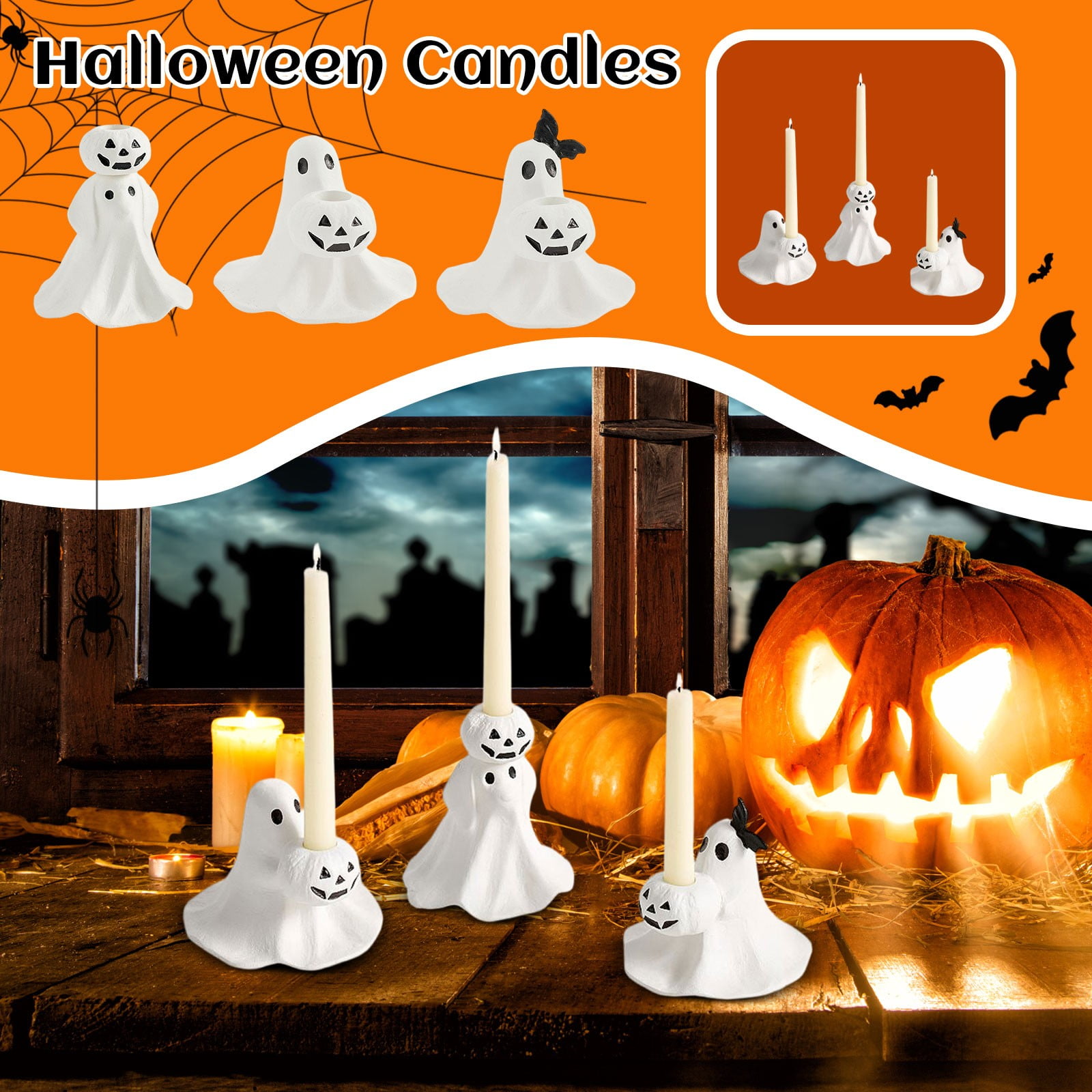 3PCS Halloween Pumpkin Ghost Candle Holder Set – Scary Squad Iconic ...