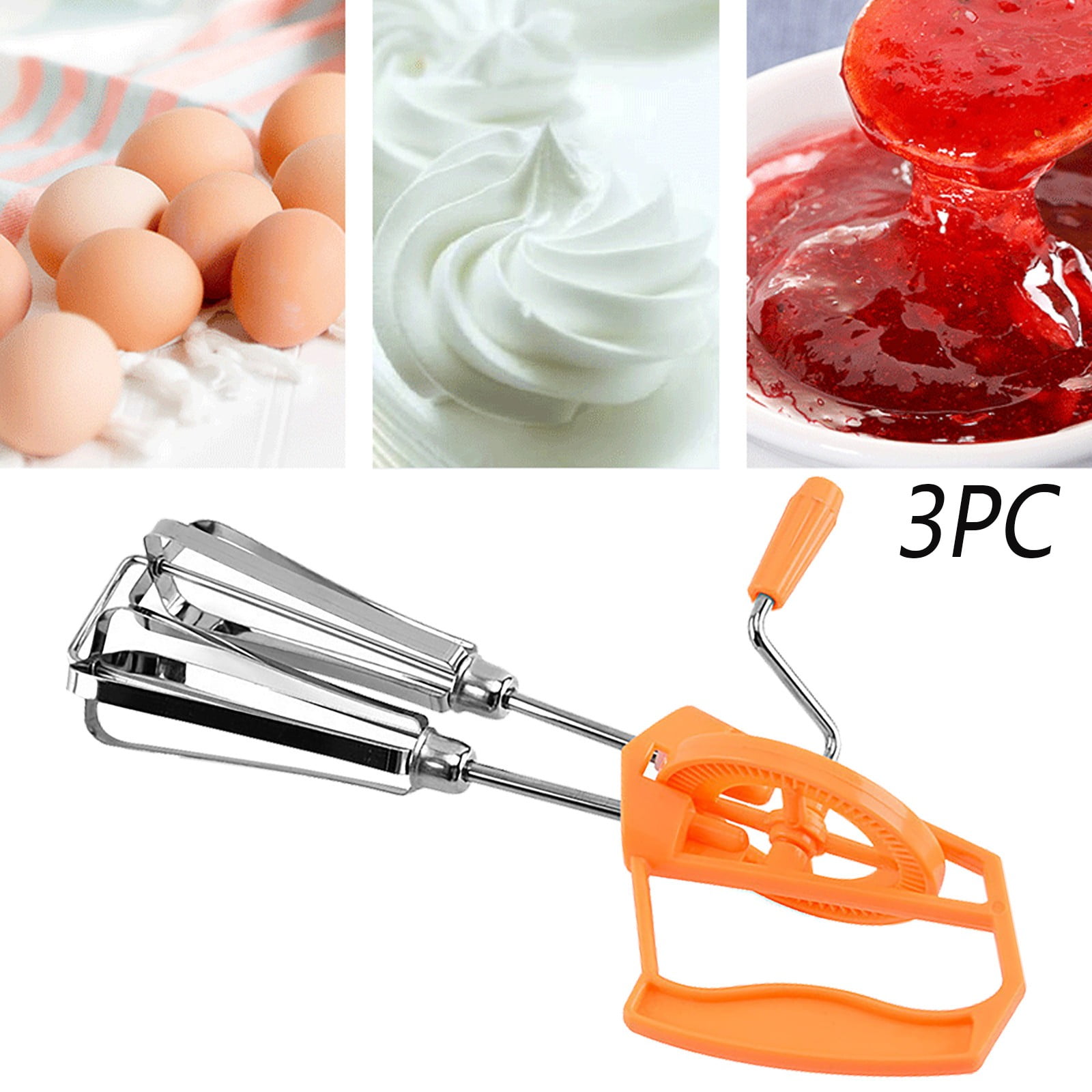 3PCS Hand Crank Beater Stainless Steel Hand Whisk Manual Mixer Kitchen ...