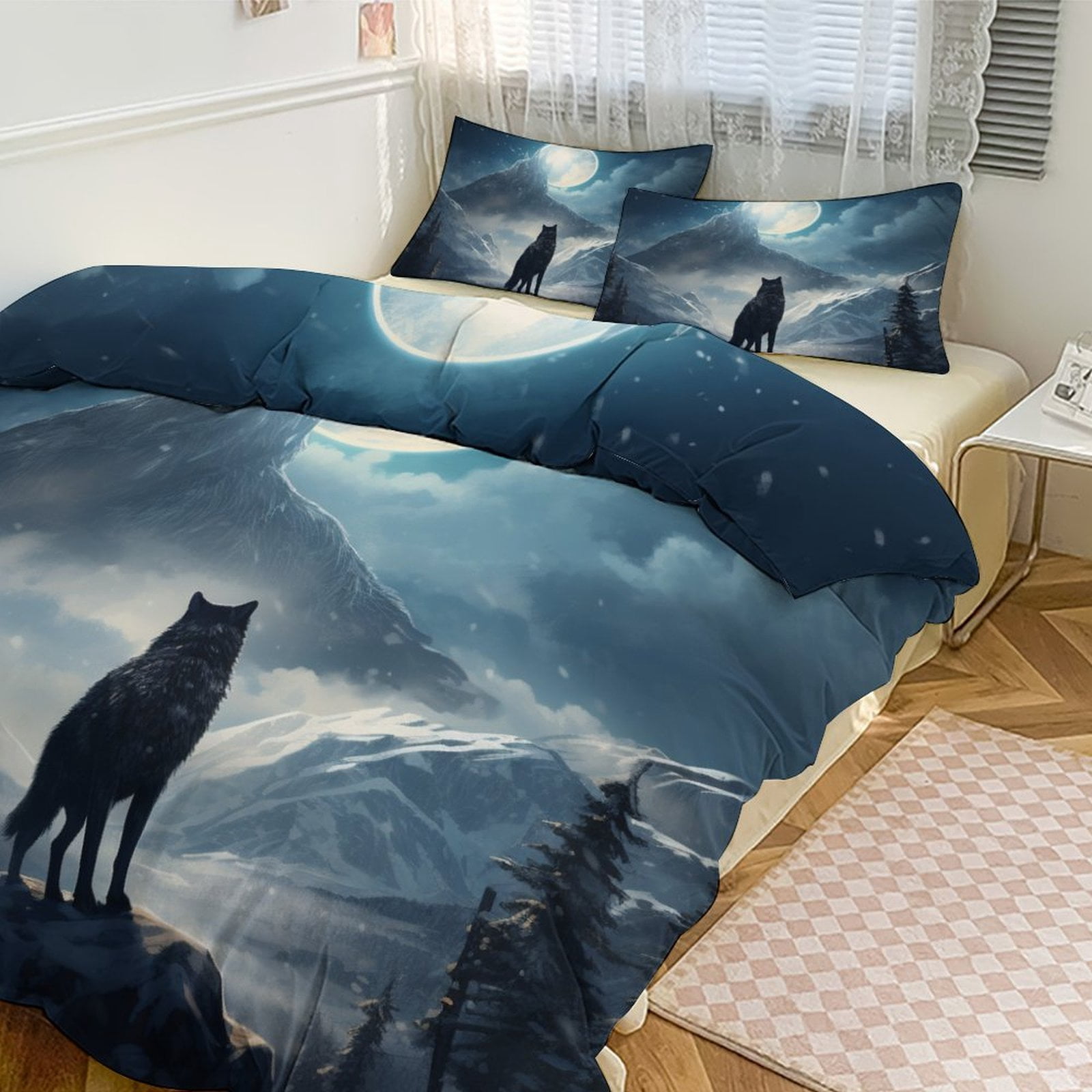 3PCS Howling Wolf Full Moon Duvet Cover Set Twin, 1 Duvet Cover And 2 ...